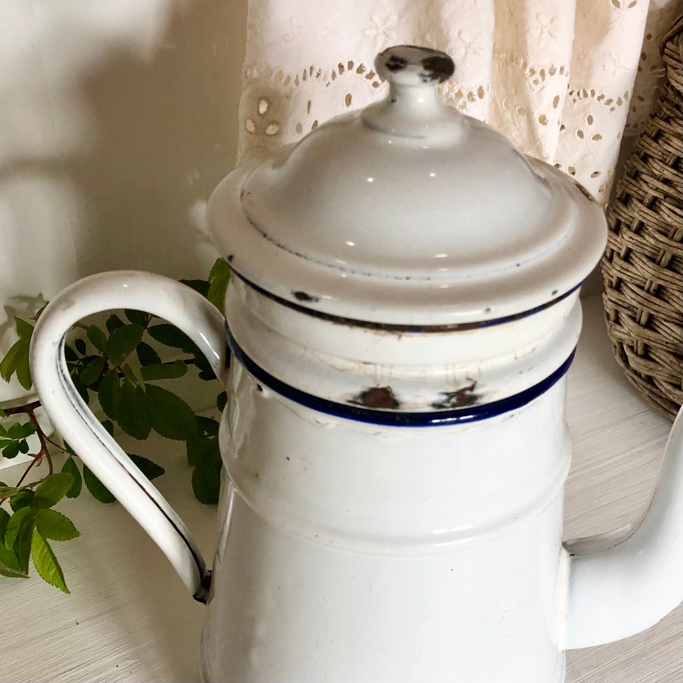 Vintage White Enamel Coffee Pot, Pretty French Coffee Pot, White Enamel ...