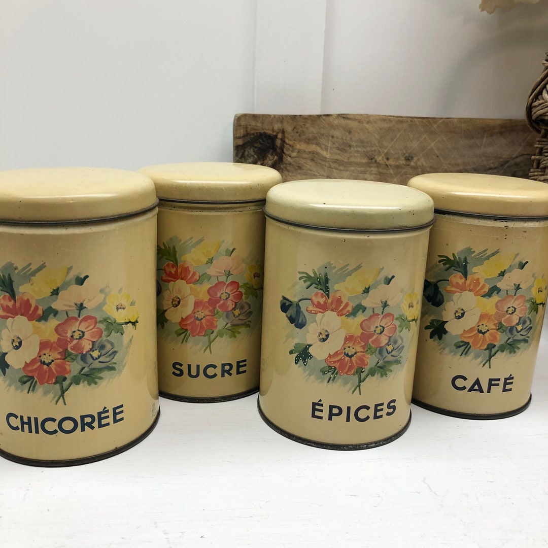 French Vintage Enamel Kitchen Canister Set, Floral Bird Design - Etsy