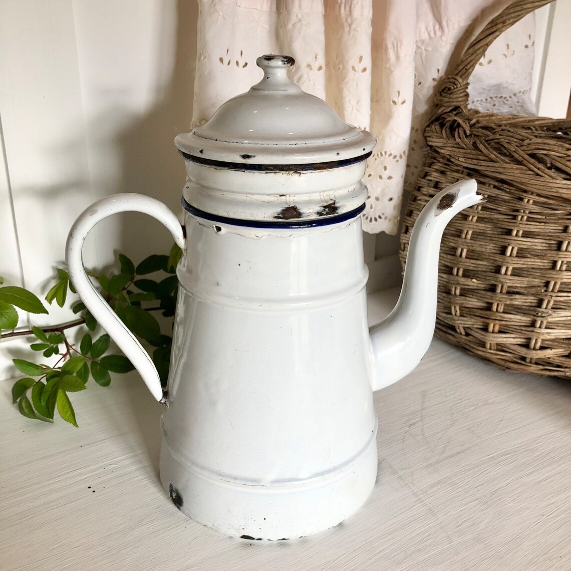 Vintage White Enamel Coffee Pot, Pretty French Coffee Pot, White Enamel ...
