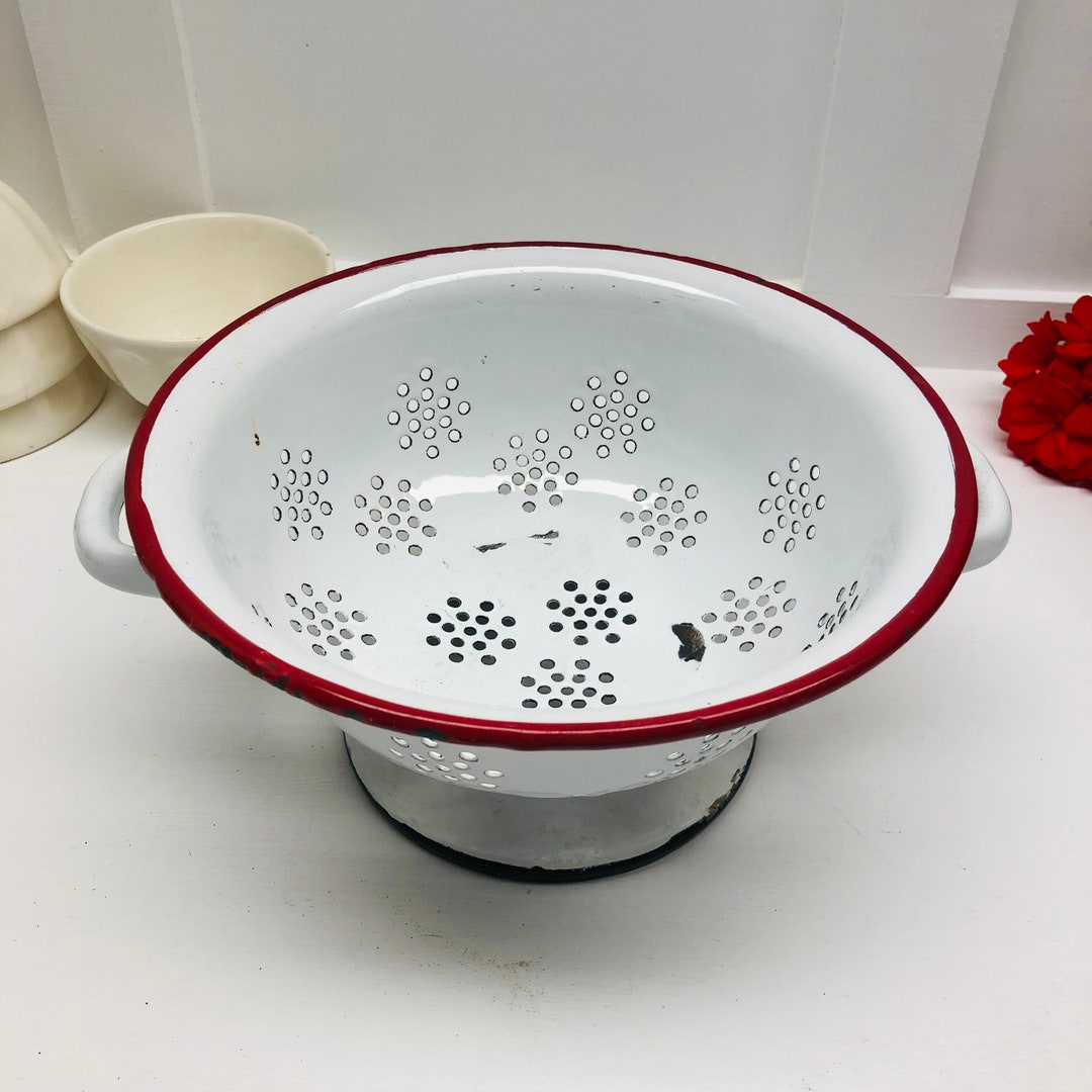 Vintage White & Red Enamel Colander: French Kitchen Decor - Etsy