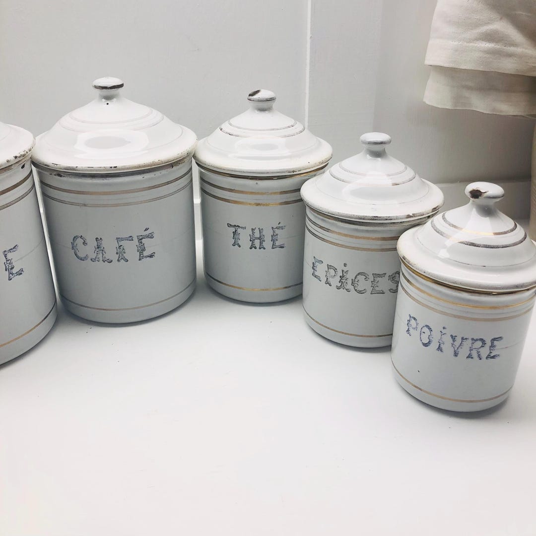 Enamel Vintage Kitchen Canister Set, Pretty Metal French Storage Jars ...