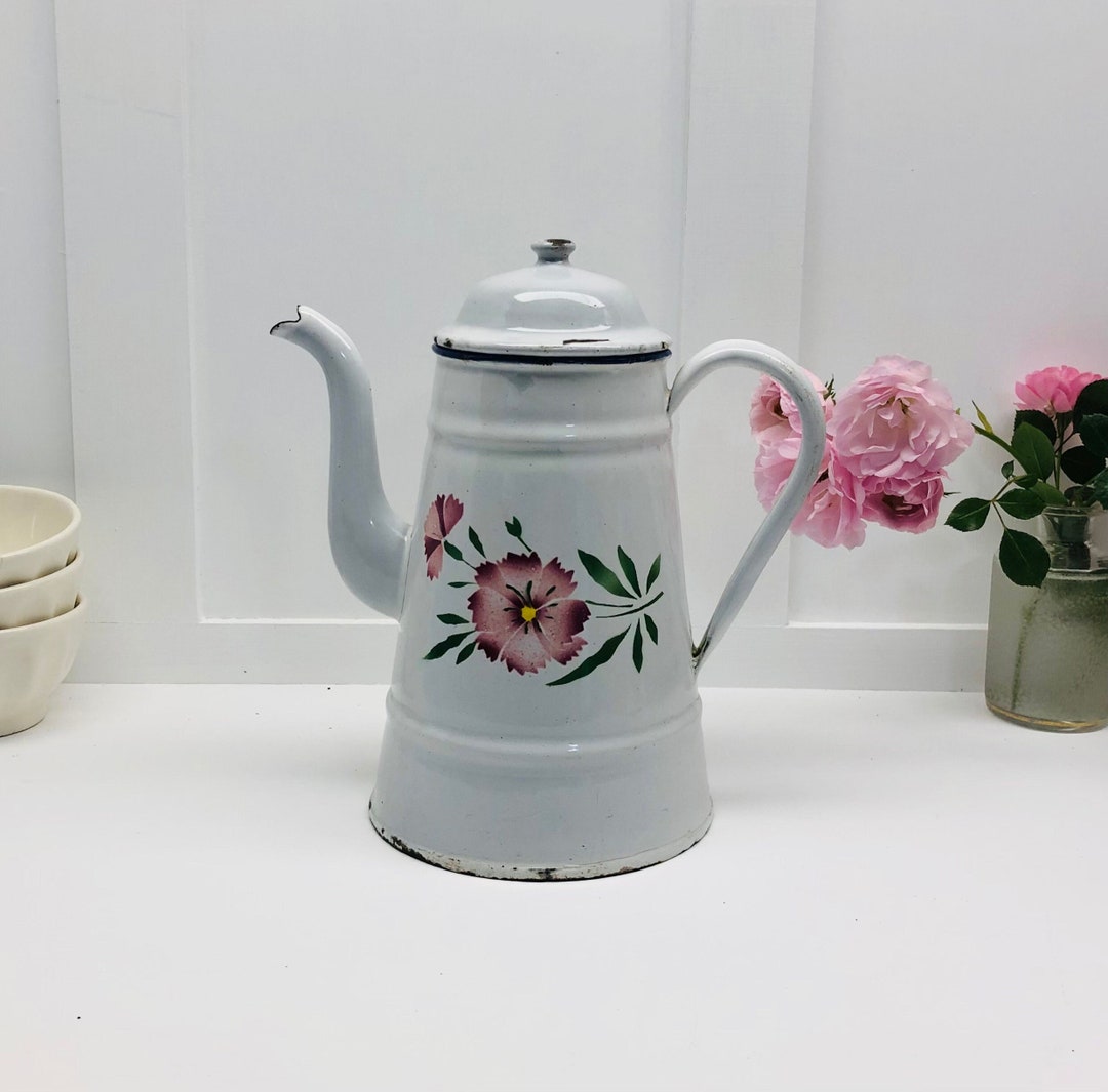 French Vintage White Enamel Coffee Pot Pretty Flower Design, French ...