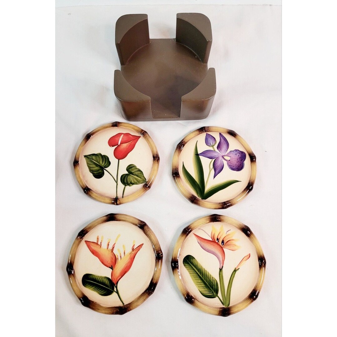 4 Pacific Rim Coasters in Wood Tray HAND PAINTED Bamboo Trim Tropical ...