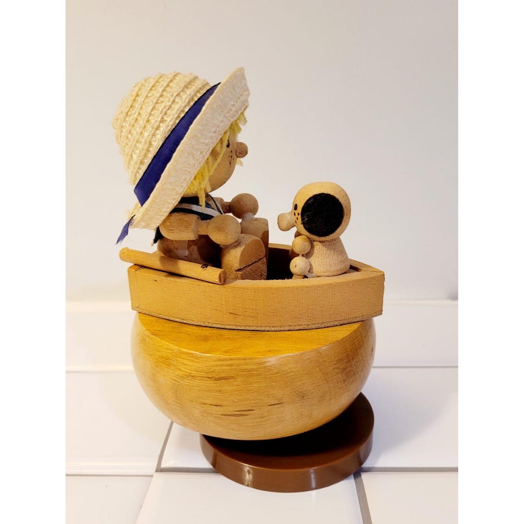 Vintage Wind Wood Music Box Boy in Boat With Dog - Etsy