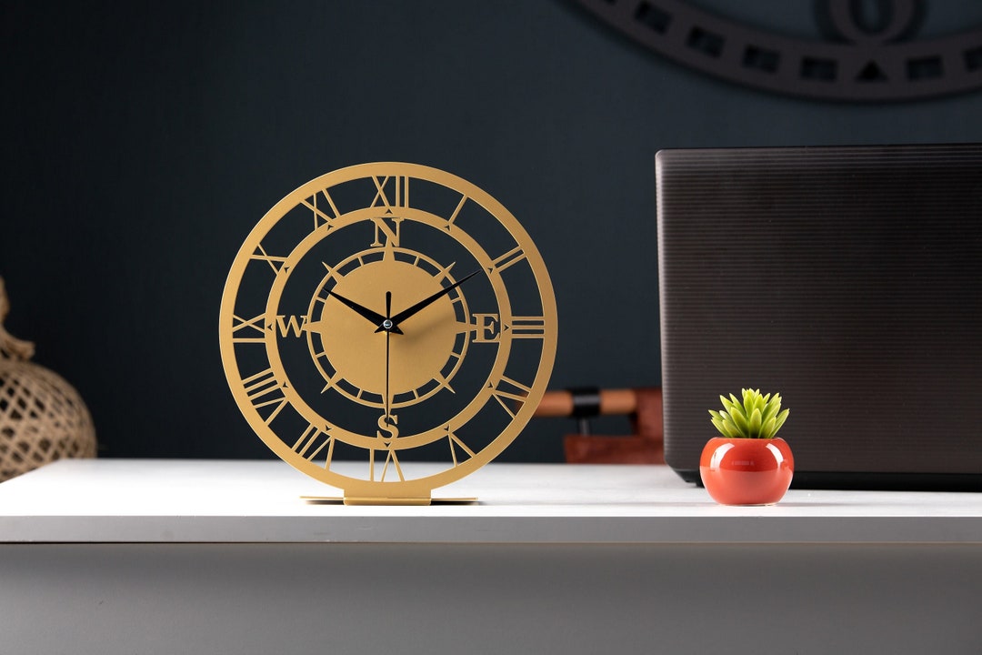 Compass Themed Gold Metal Clock, Modern Tabletop Silent Mechanism ...