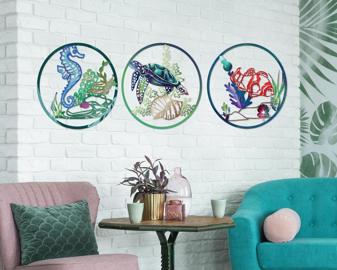 Colorful Metal Sea Creatures Wall Decor: Aquarium Art Set of 3 - Etsy
