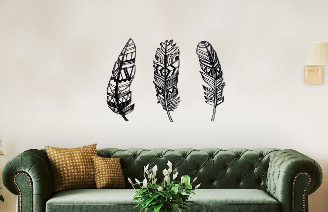 Set of 3 Feather Metal Sign, Unique Line Artwork, Large Nature Wall ...