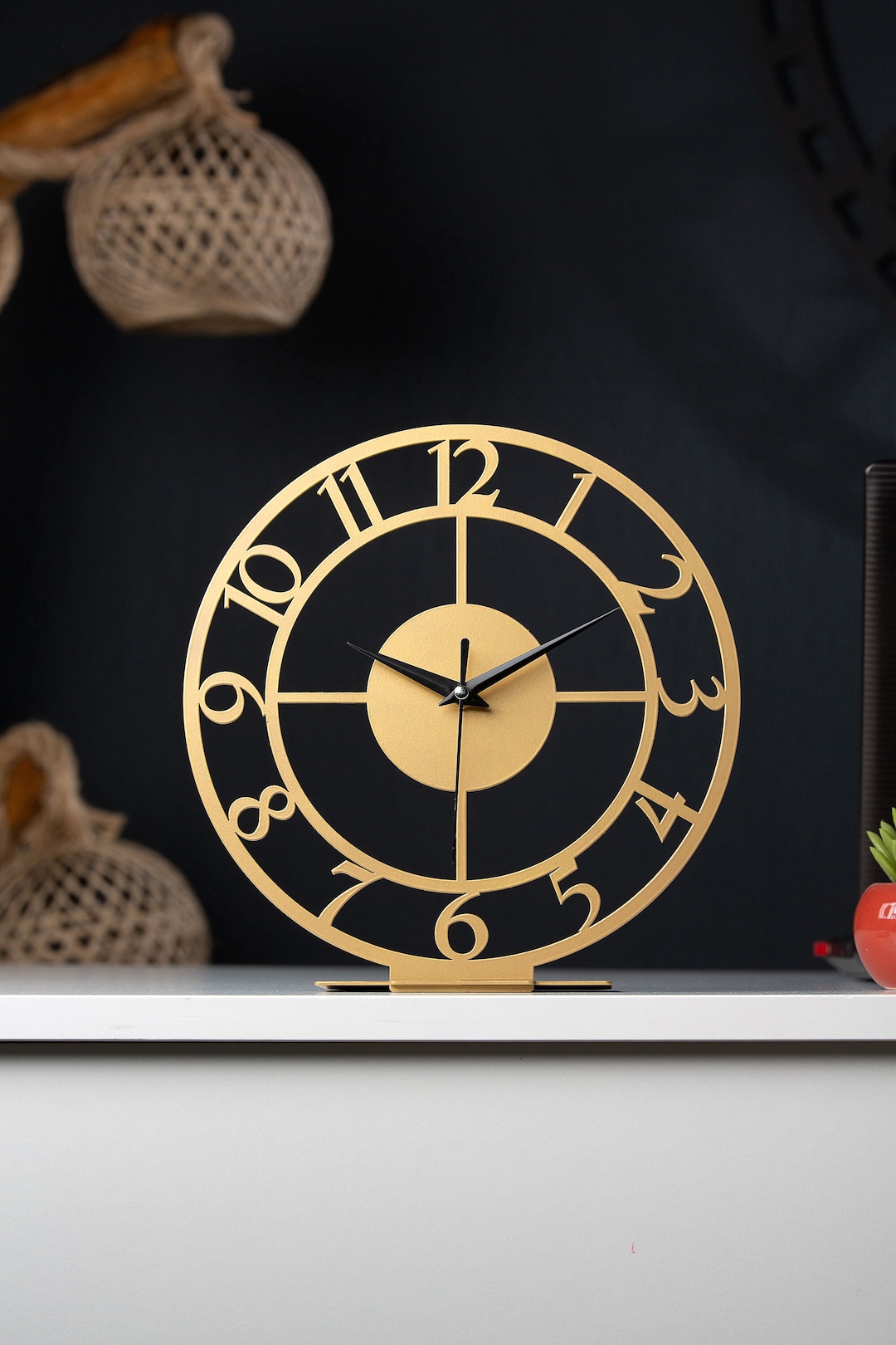 Gold Tabletop Classic Metal Slient Clock, Diameter 9.8 Inches/25 Cm ...