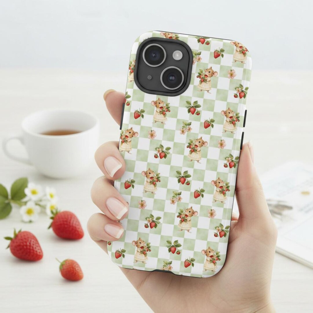 Cottagecore Mouse Phone Case, Strawberry Gingham iPhone Cover, Cute ...