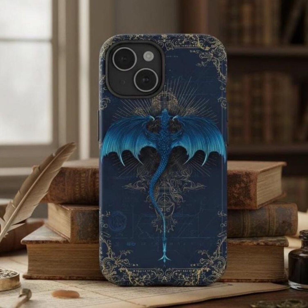 Blue Dragon Blueprint Phone Case, Dark Academia Fantasy Cover, Ornate ...