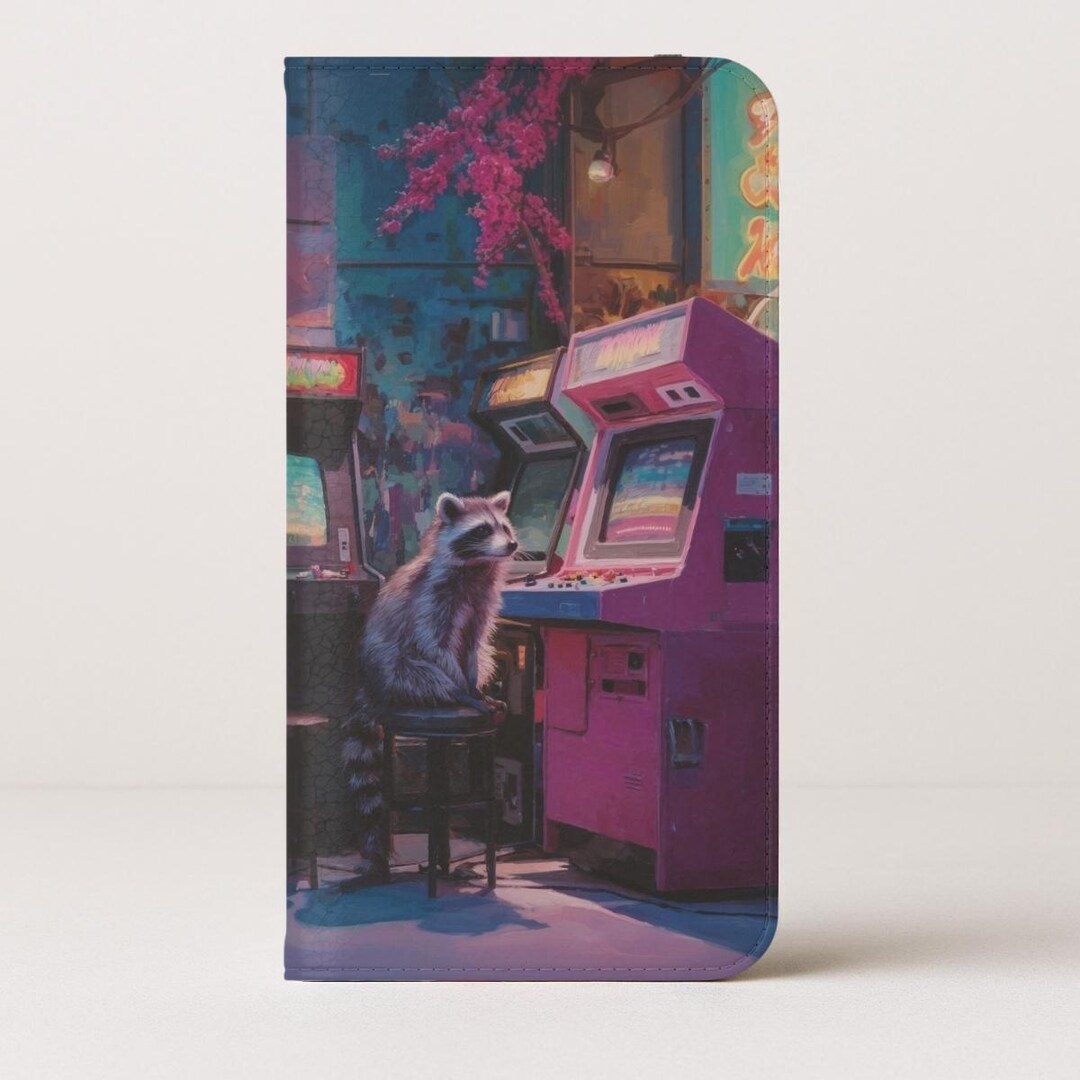 Raccoon Arcade Wallet Phone Case, Retro Gaming Flip Cover, Cute Raccoon ...