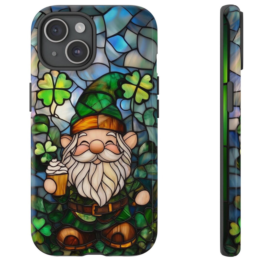 Stained Glass Irish Gnome Shamrocks & Coffee. Phone Case for iPhone 16 ...