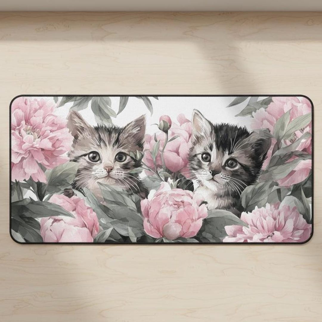 Kitten Floral Desk Mat, Cute Cat Desk Pad, Pink Peony Mouse Pad ...