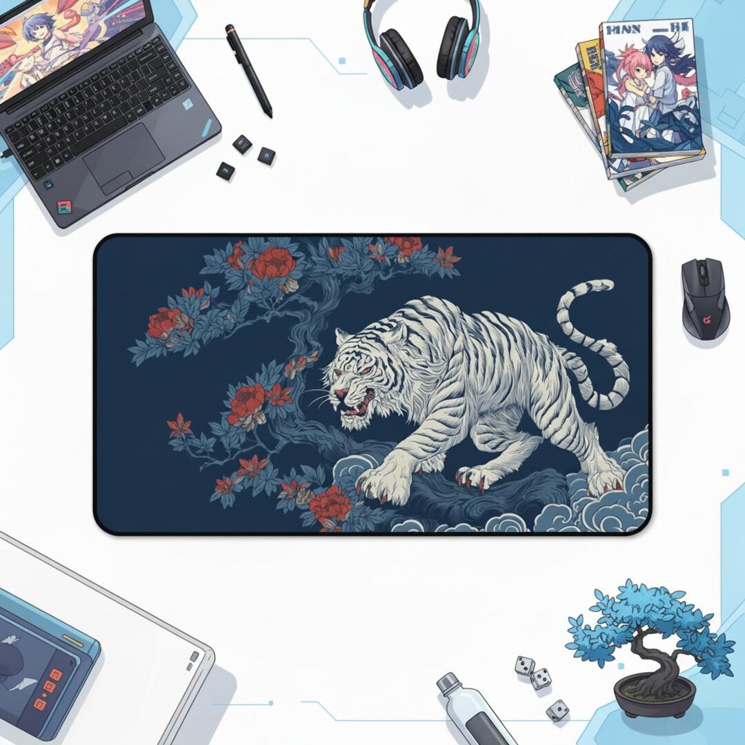 Japanese White Tiger Desk Mat | Bold Asian Art Desk Pad With Floral ...