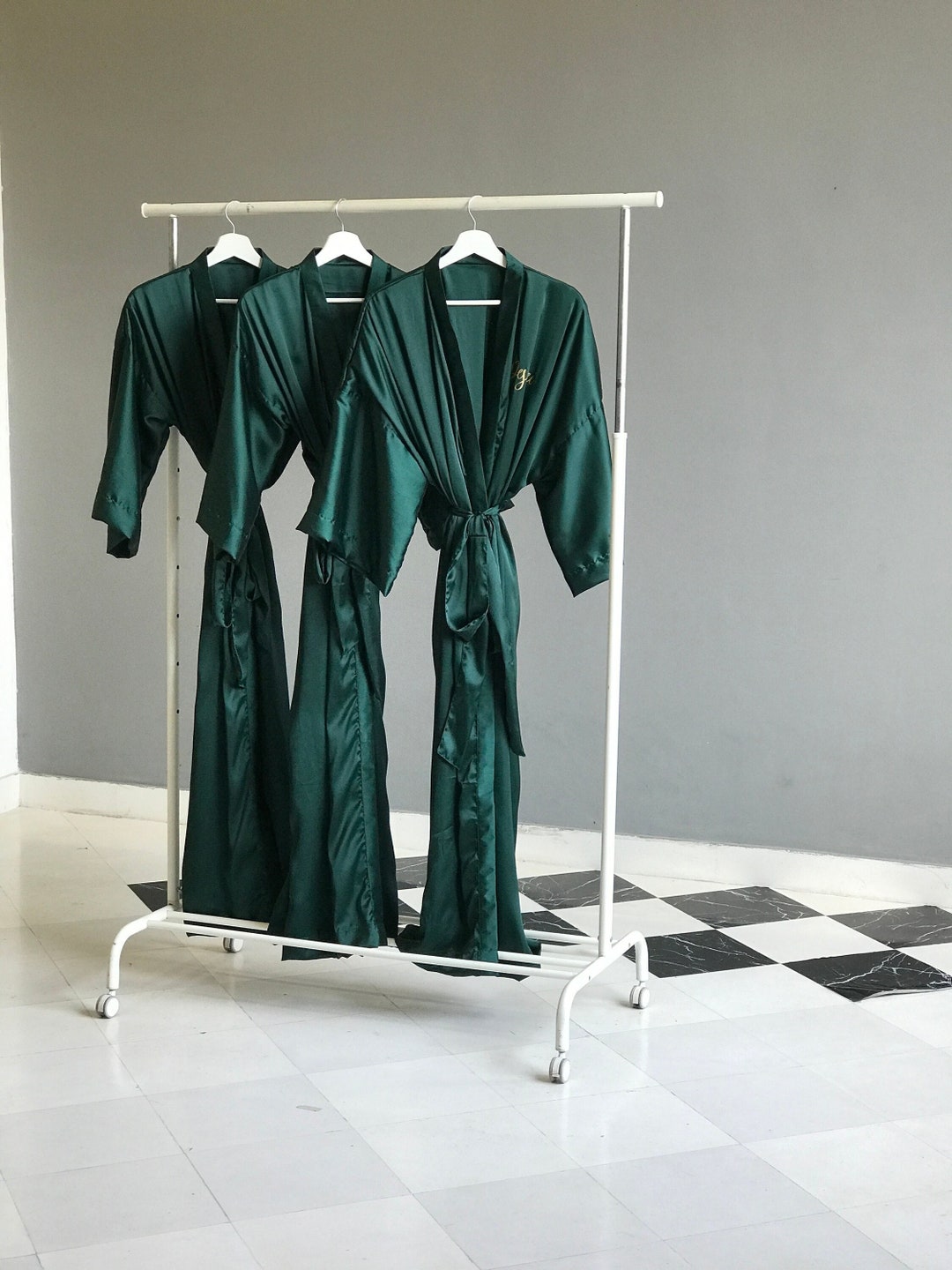 Personalized Emerald Green White Satin Bride Bridesmaid Robes in Long ...