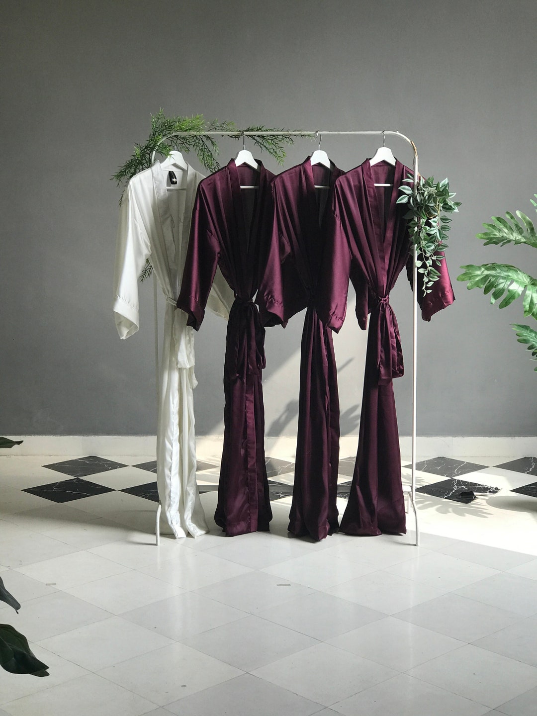 Bridesmaid Robes Long Ankle Calf Length Satin Burgundy Wine ...