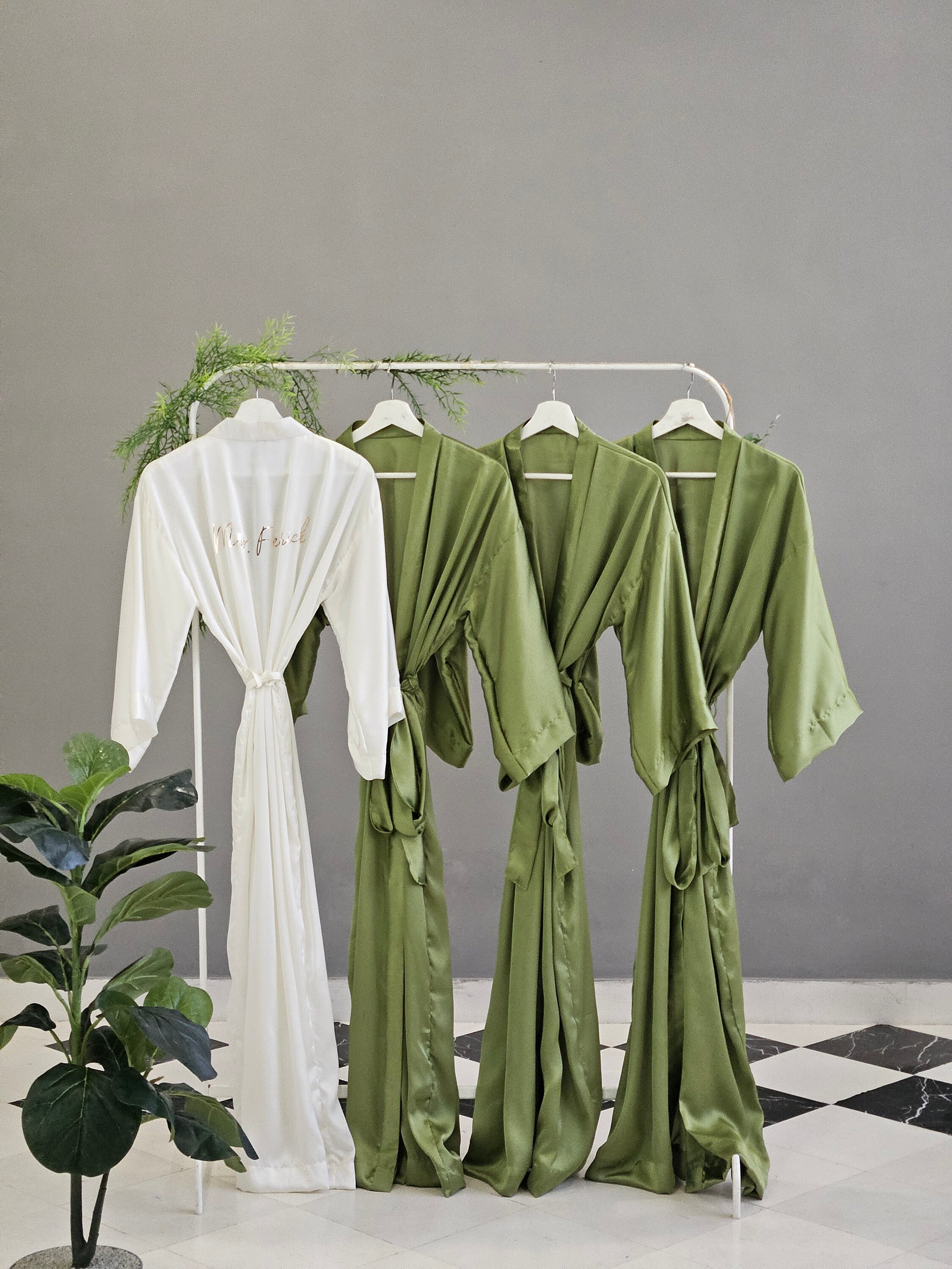 Avocado Green Bridesmaid Robes in Silk Satin Long Robes in Ankle Floor ...