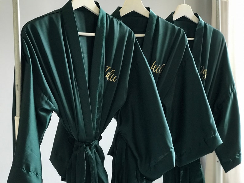 Personalized Emerald Green White Satin Bride Bridesmaid Robes in Long ...