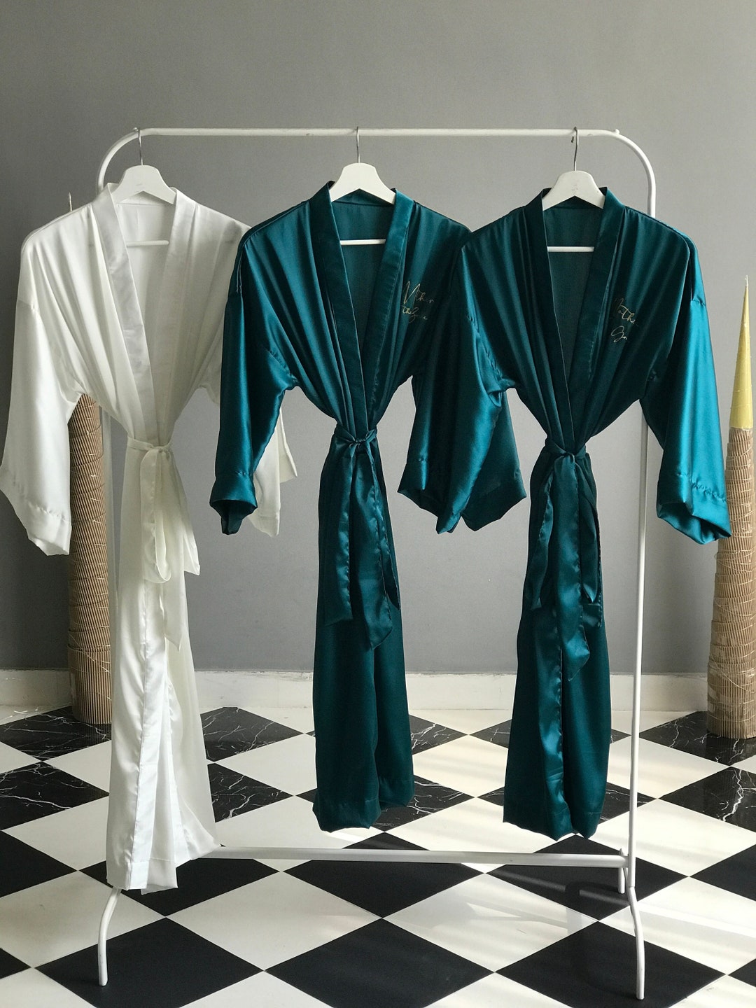 Personalized Bridesmaid Robes Green Satin With Long Ankle or Calf ...