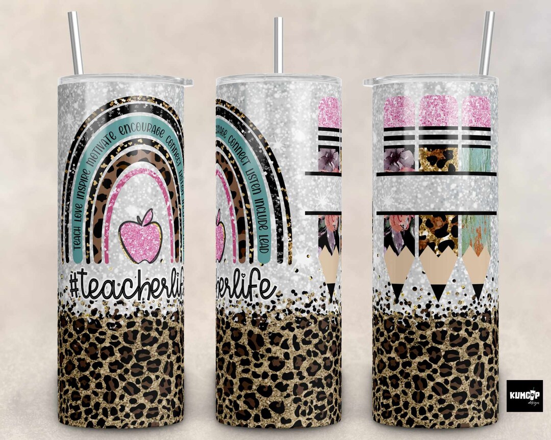 Teach Love Inspire PNG, Tumbler Rainbow Leopard Glitter Teacher Tumbler ...