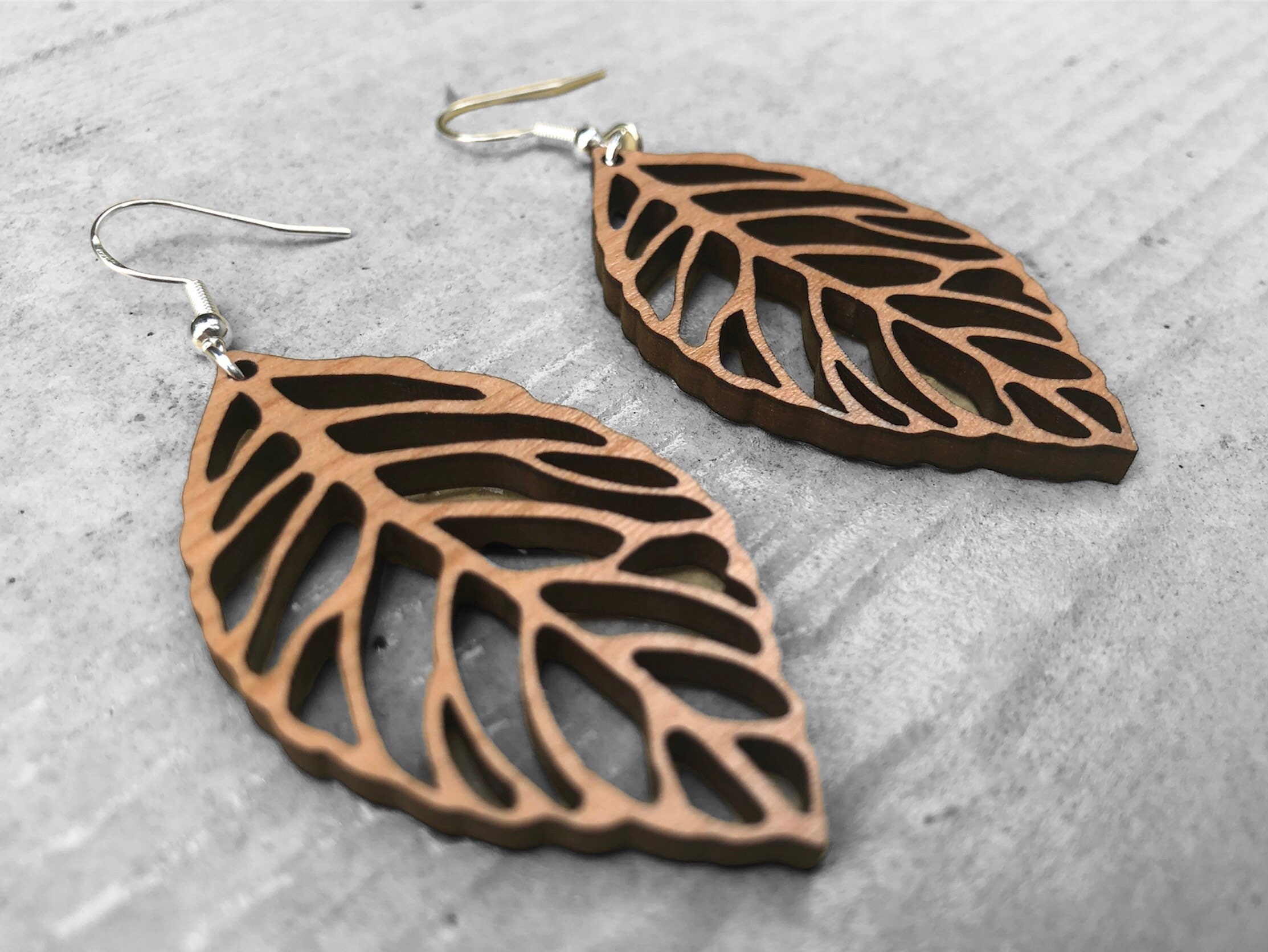 Wooden Leaf Earring Large Laser Cut Dangle Earring Sterling Etsy