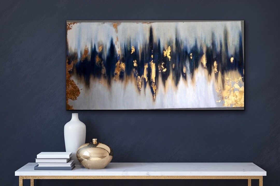 Large Navy Blue Art Canvas Painting, Original Navy Blue Wall Art ...