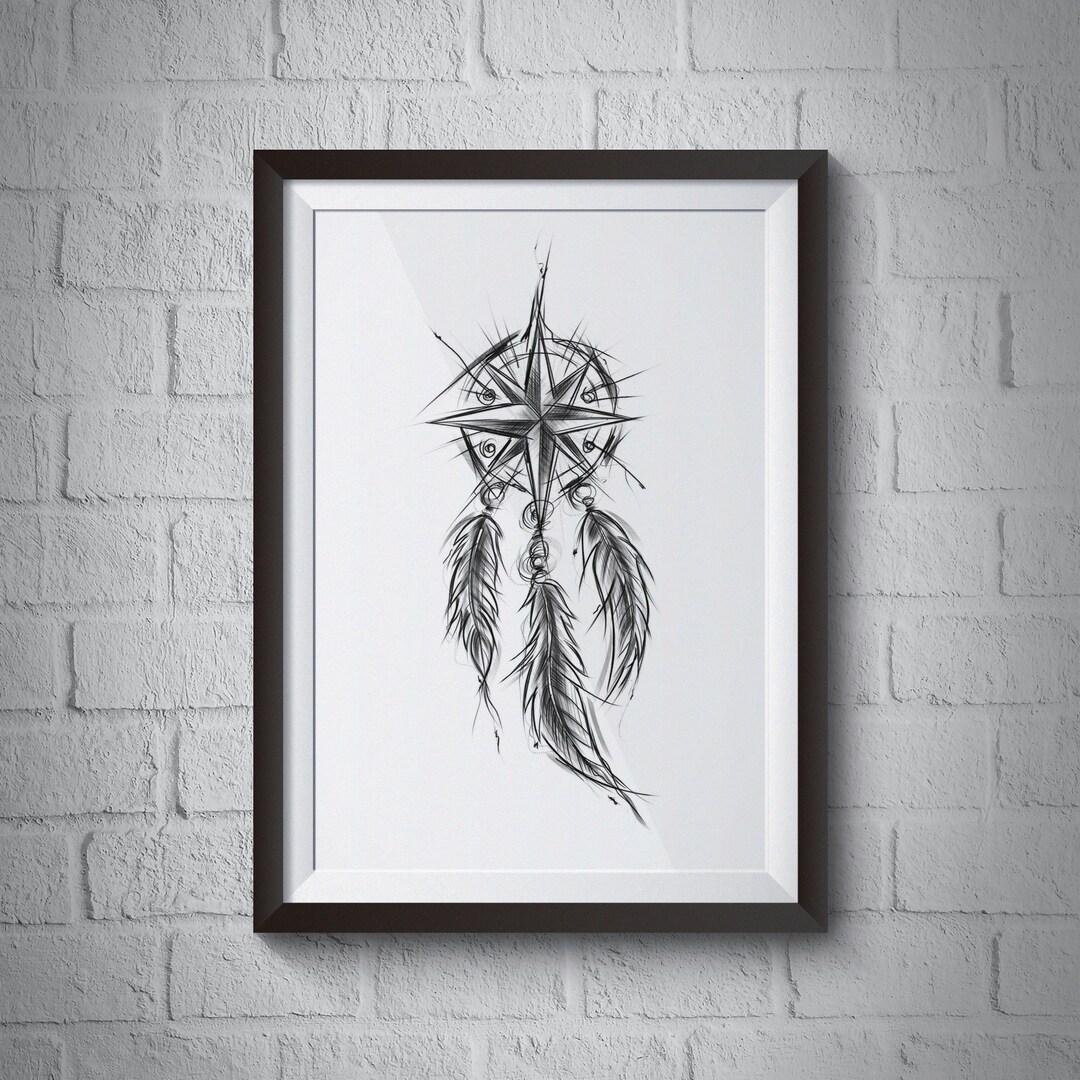 PRINTABLE Sketch Drawing Compass Dream Catcher With Feathers - Etsy