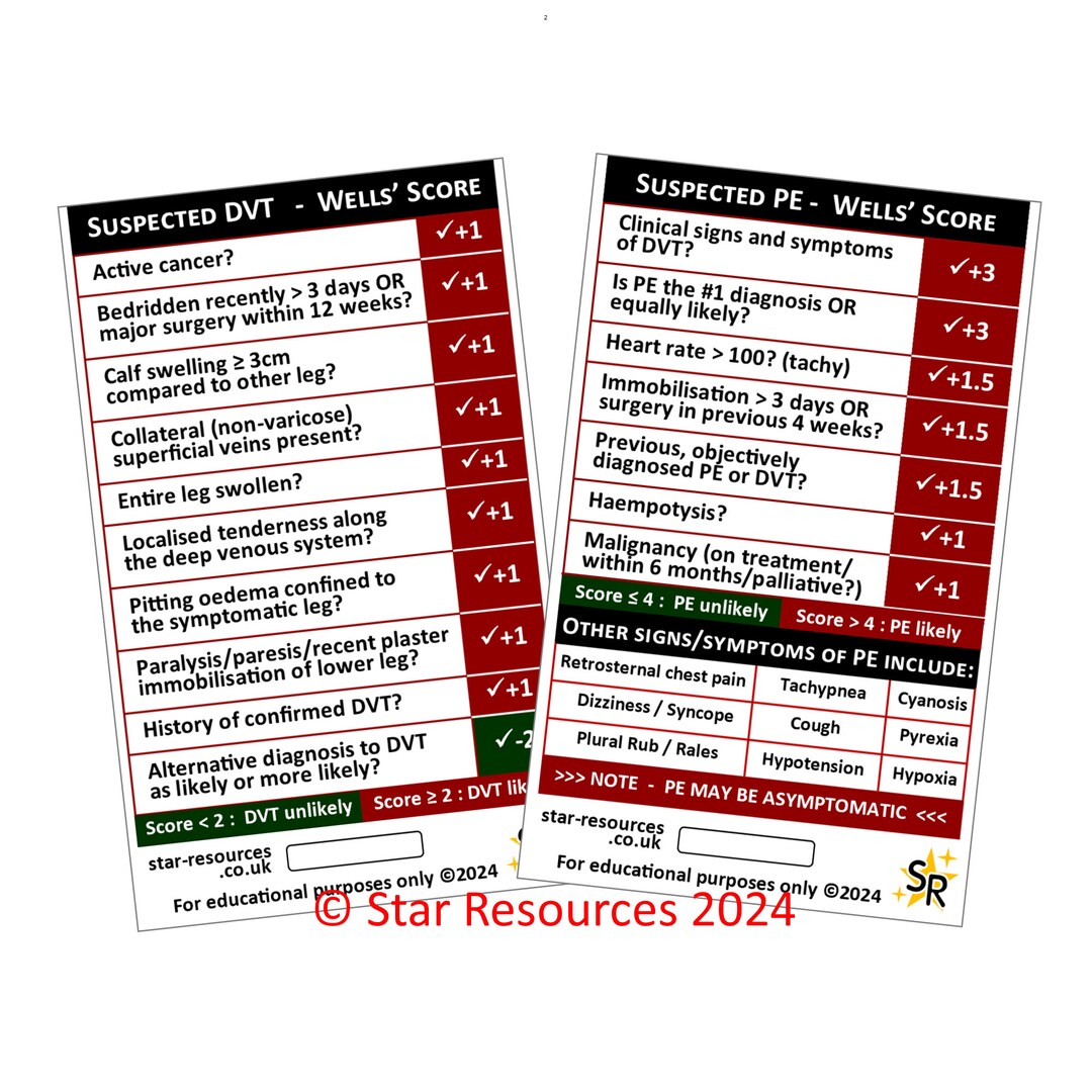 DVT and PE Wells' Score ID Badge Flash Card Student Paramedics ...