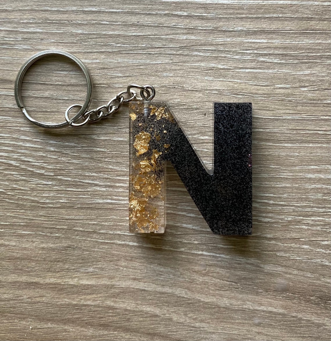 Black & gold letter N keychain | Etsy