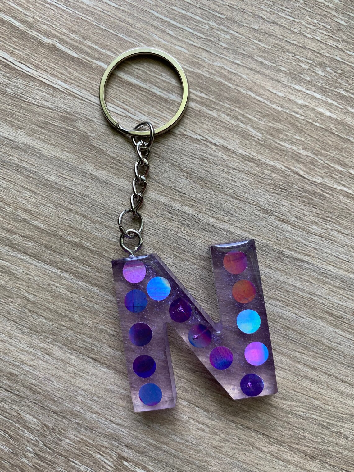 Purple letter N keychain with purple color shifting polka dots | Etsy