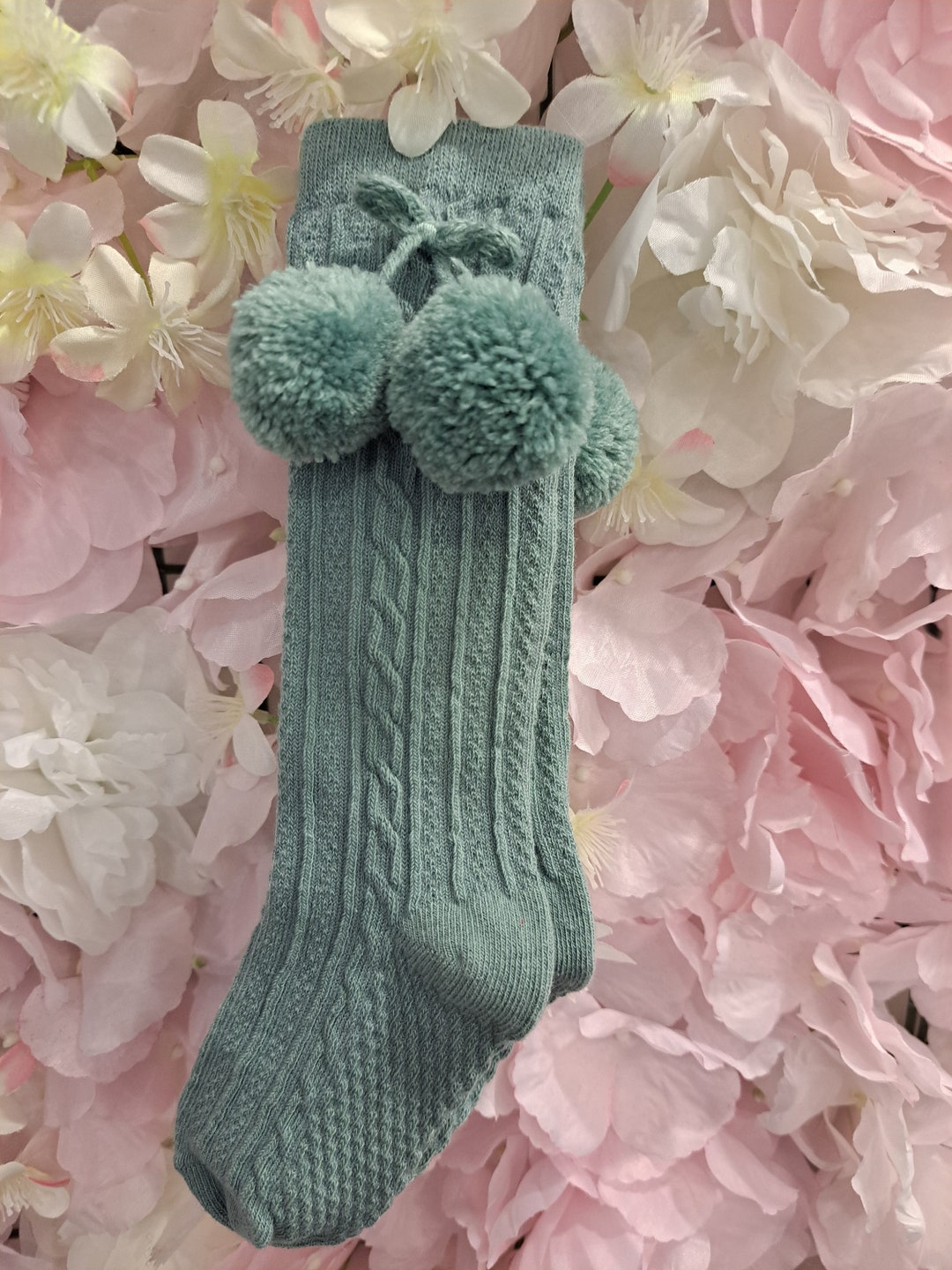 Sage Green Knee High Pom Pom Socks, Baby Boy Socks, Baby Knee High ...