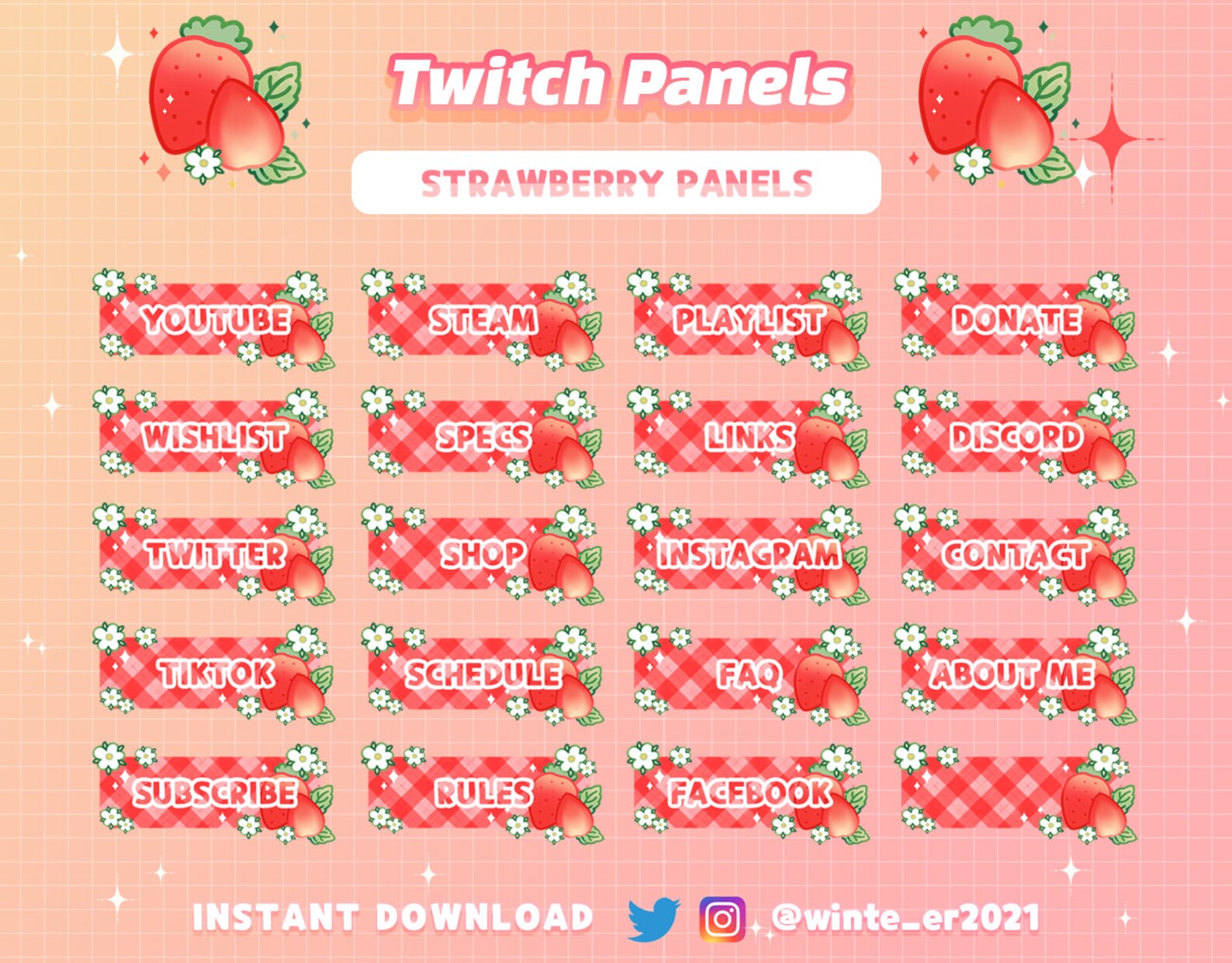 Twitch Cute Strawberry Panels / Aesthetic Panels / Badges / Kawaii ...
