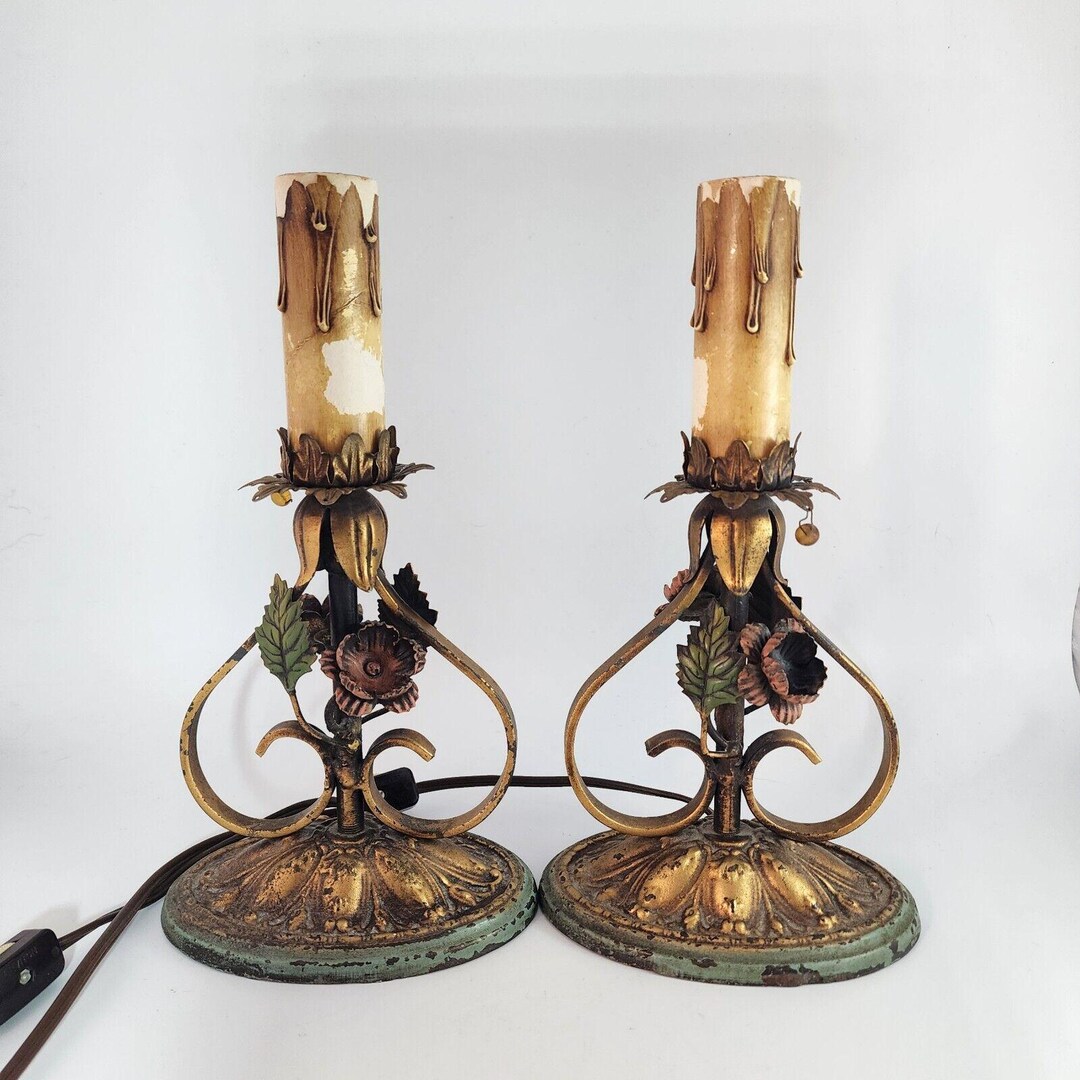 2 Vintage Antique Metal Floral Table Lamps Lights Not Working - Etsy