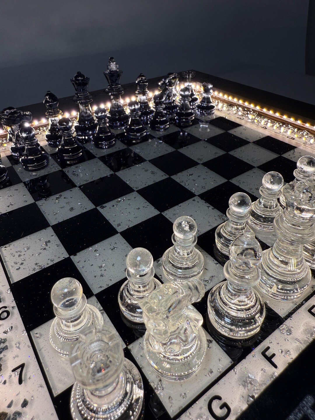 Silver LED Epoxy Resin Chess Set: Handmade Crystal Starry Night Design ...