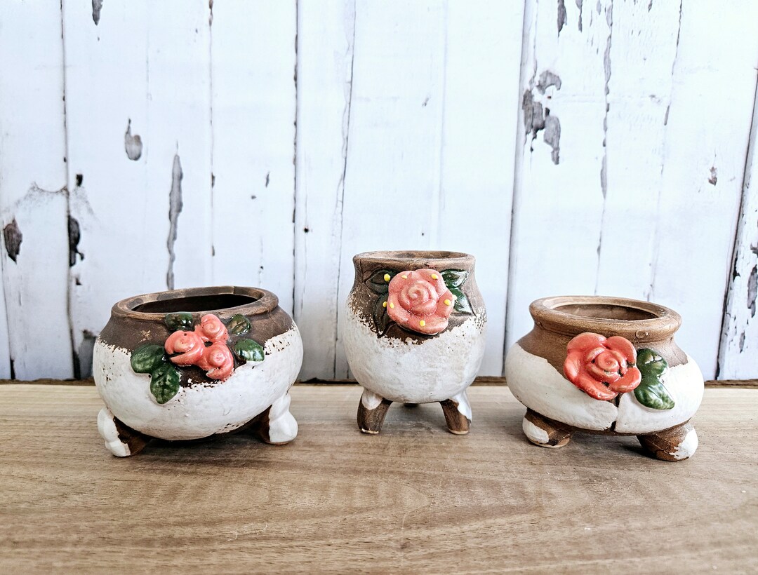 Set of 3 Hand Painted Mini Ceramic Pots for Indoor Plants Succulents ...