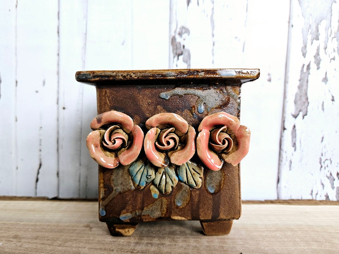4.5 Ceramic Pot With 3D Roses and Proper Drainage for Indoor Plants ...