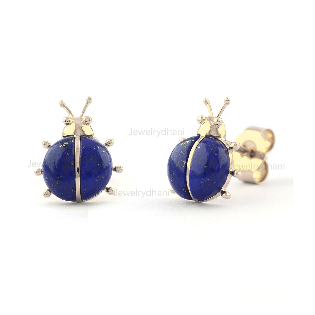 Genuine 2.00 Ct. Lapis Lazuli Tiny Ladybug Stud Earrings Solid 14K ...