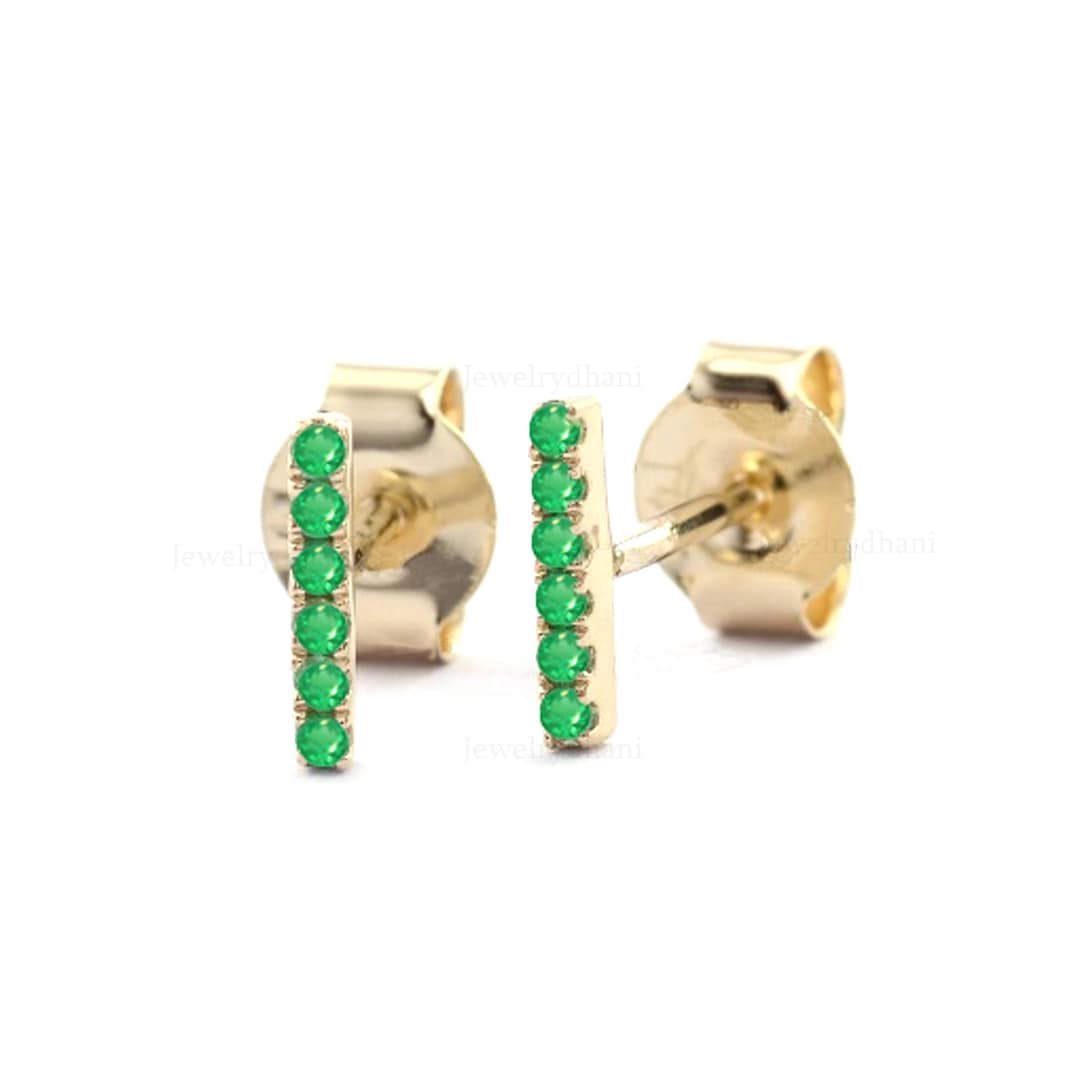Handmade 14K Yellow Gold Emerald Bar Stud Earrings: Minimalist Fine Jewelry - Etsy