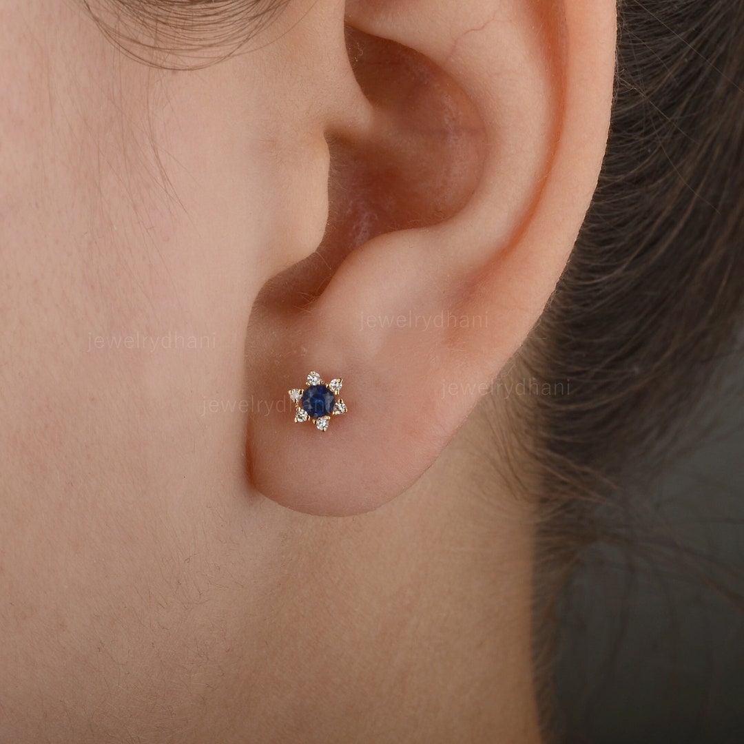 Blue Sapphire Studs Earrings Solid 14k Yellow Gold Earrings Minimalist ...