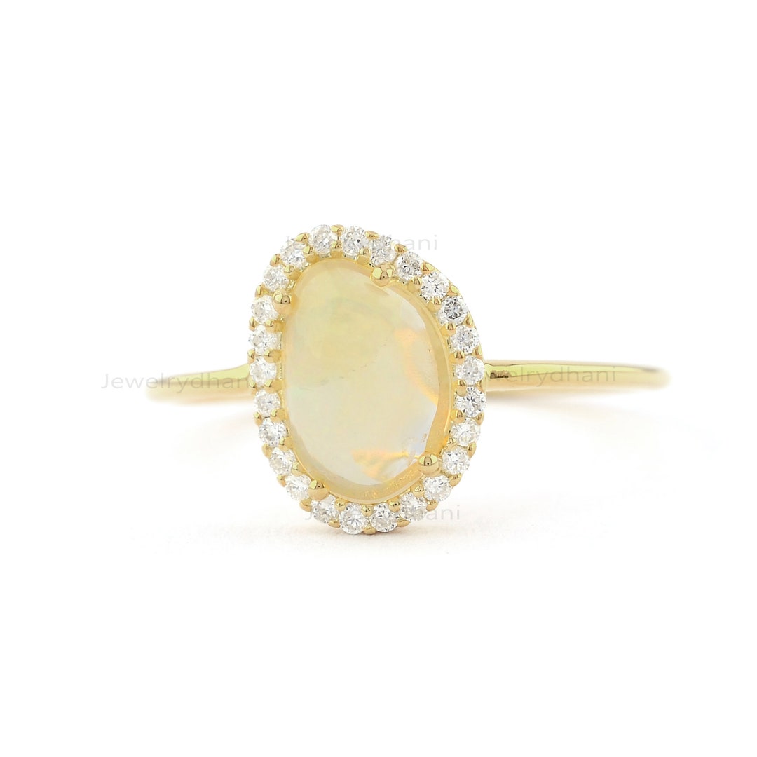 Genuine 0.61 Ct. /unshaped Opal Diamond Dainty Ring/ 14K Solid Yellow ...