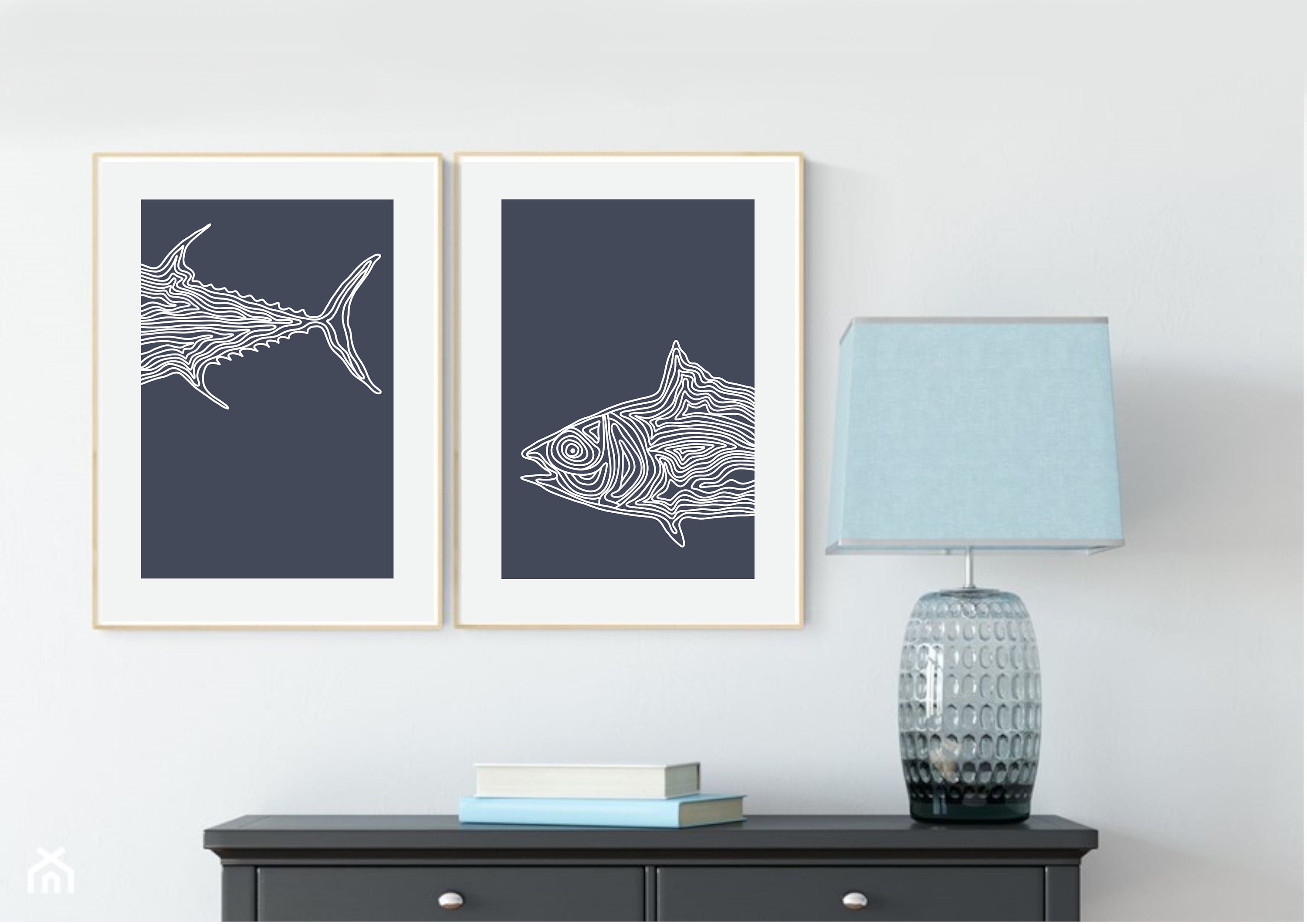Tuna Fish Print Set of 2 Simple Line Art Tuna Fish Wall Art Printable ...