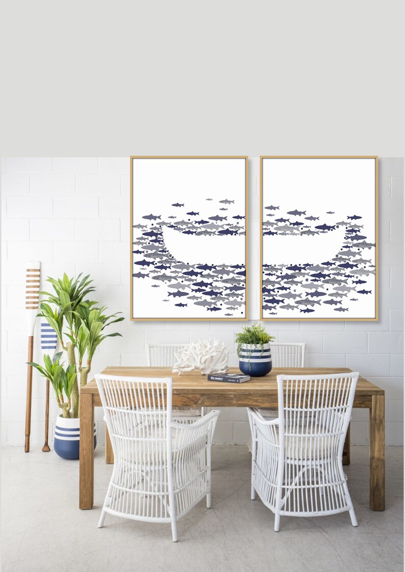 Canoe Print Set of 2 Kayak and Fish Poster Lake Cabin - Etsy