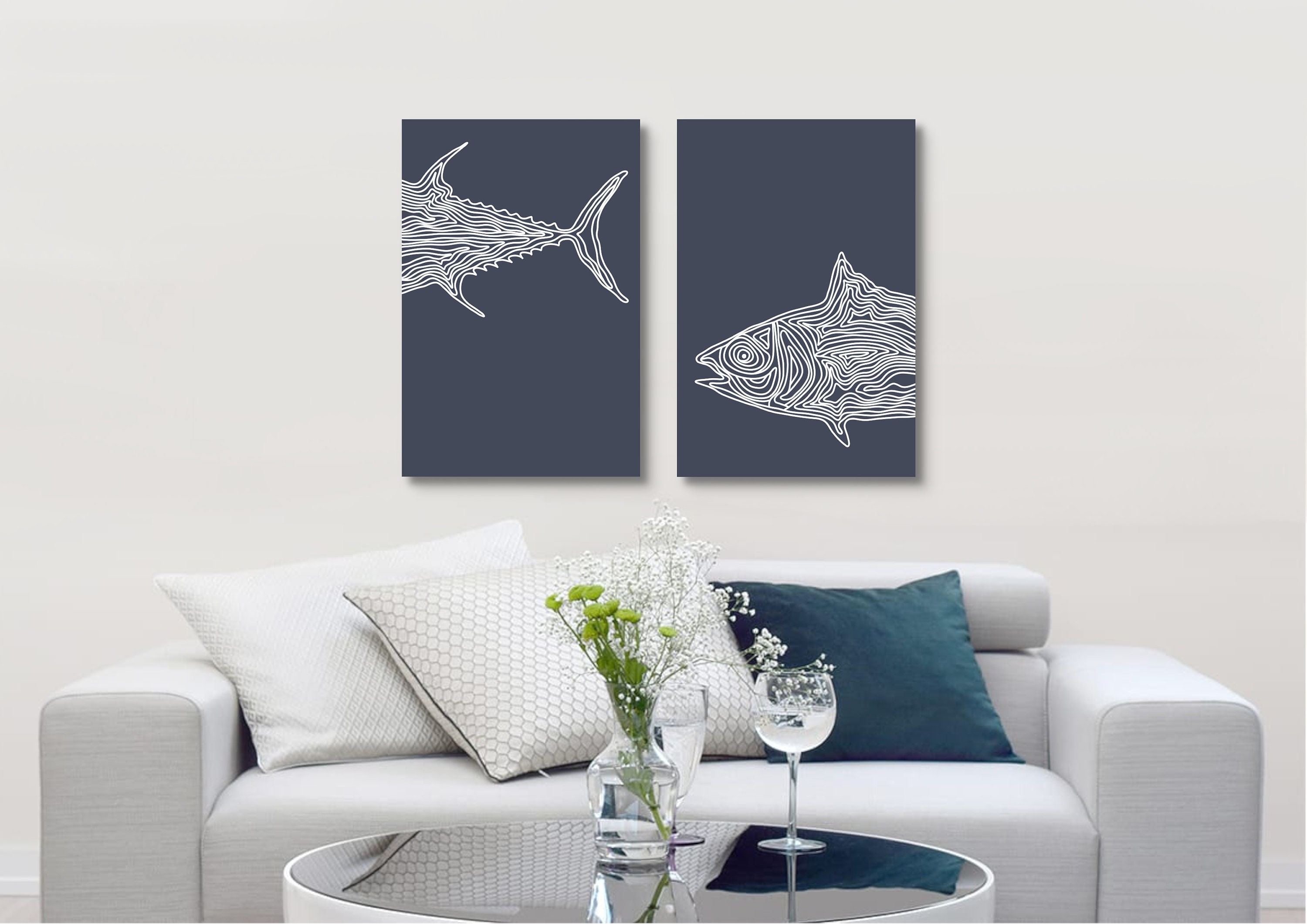 Tuna Fish Print Set of 2 Simple Line Art Tuna Fish Wall Art - Etsy