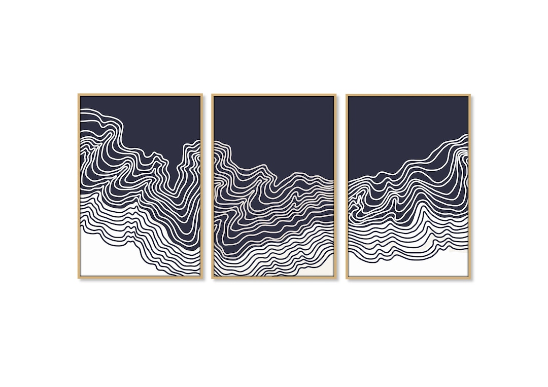 Sea Wave Wall Art Set of 3 Prints Single Line Wave Art Printable Wall ...