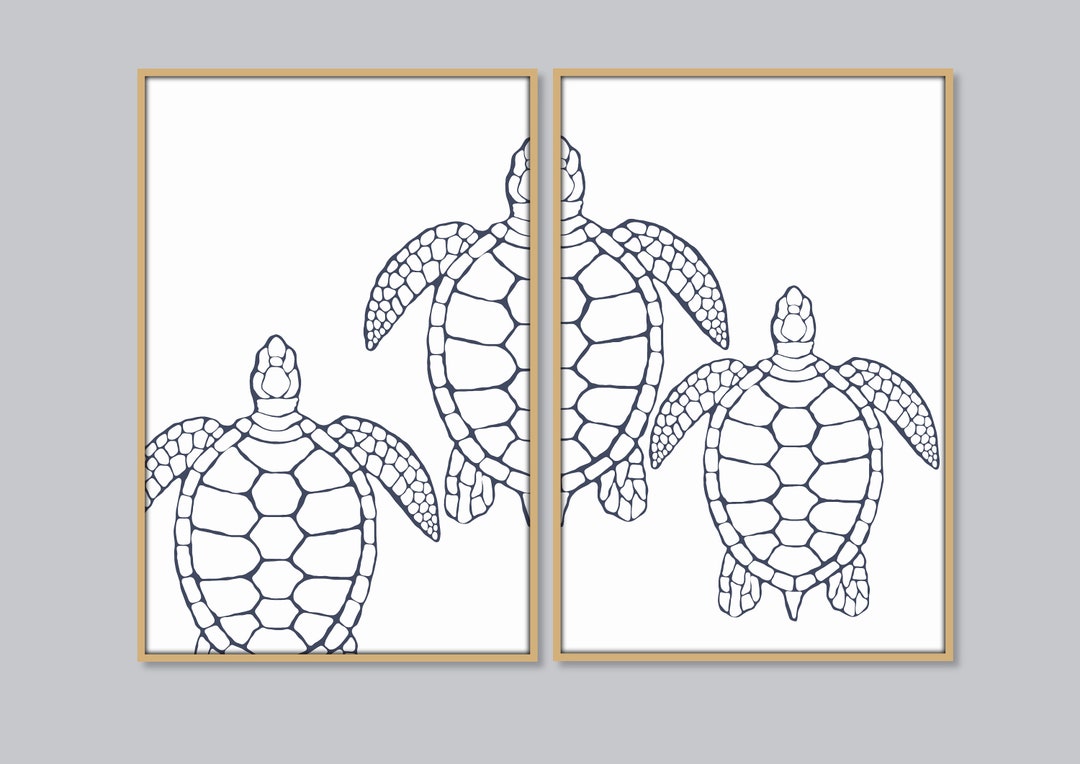 Turtle Prints Set of 2 Slate Blue and White Nautical Home - Etsy