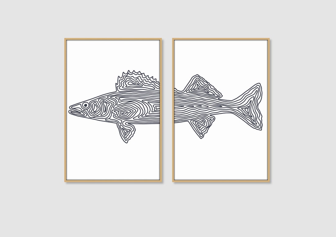 Walleye Fish Print Set of 2, Simple Line Drawing Wall Art, Fish Art ...