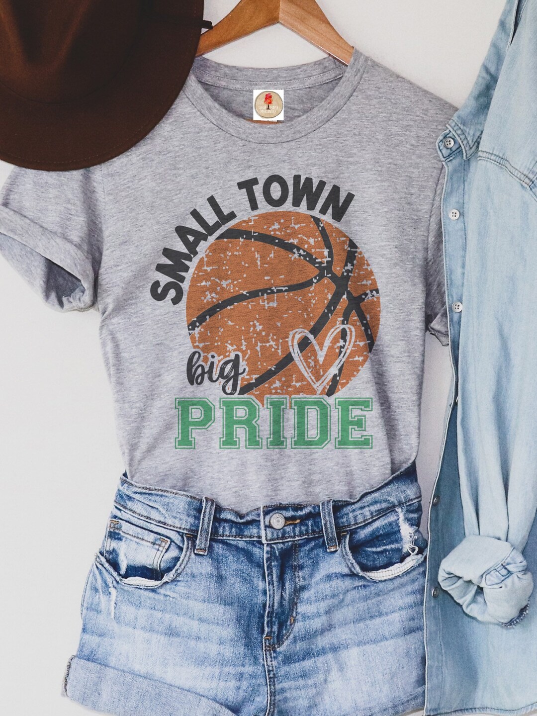 Small Town Pride Green Basketball on Heather Gray Crew Neck T-shirt ...