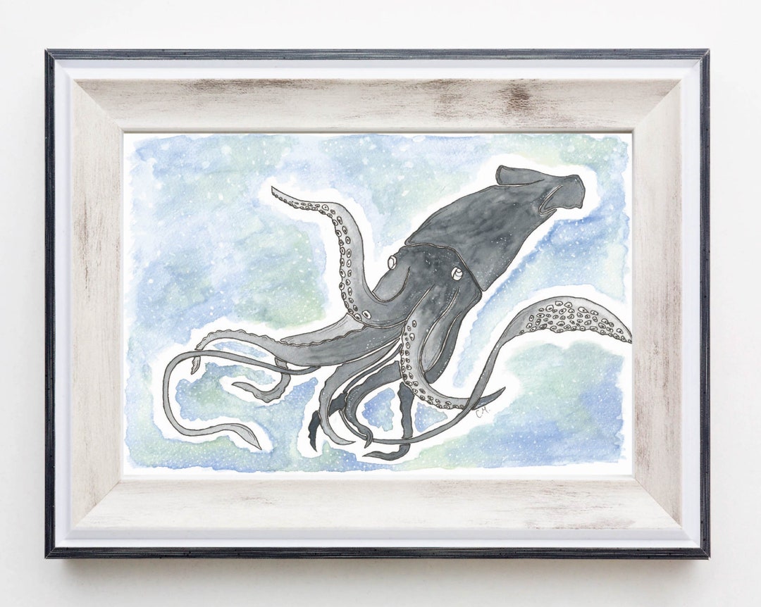 Giant Squid Under Water Watercolour Art Print - Etsy