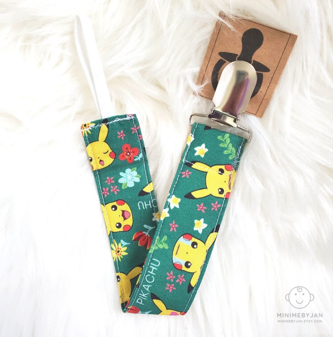 Green Pikachu Head and Flowers Pokemon Baby Toddler Binky Clip, Baby ...