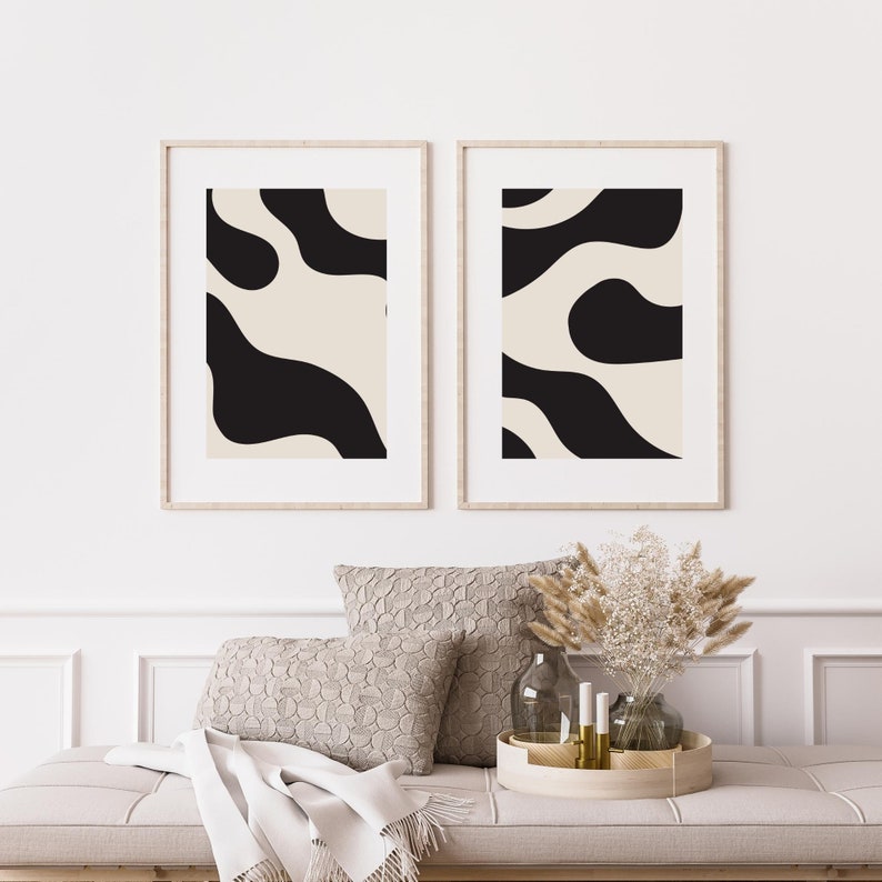 Set of 2 Wall Art, Japandi Wall Art, Wavy Modern Print, Black and White ...